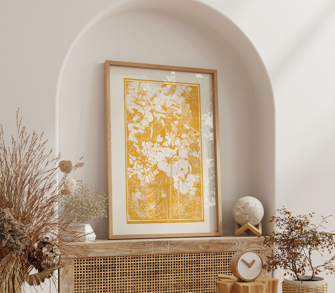 Mustard Yellow Vintage Floral Lithograph Wall Art, Cottagecore ...
