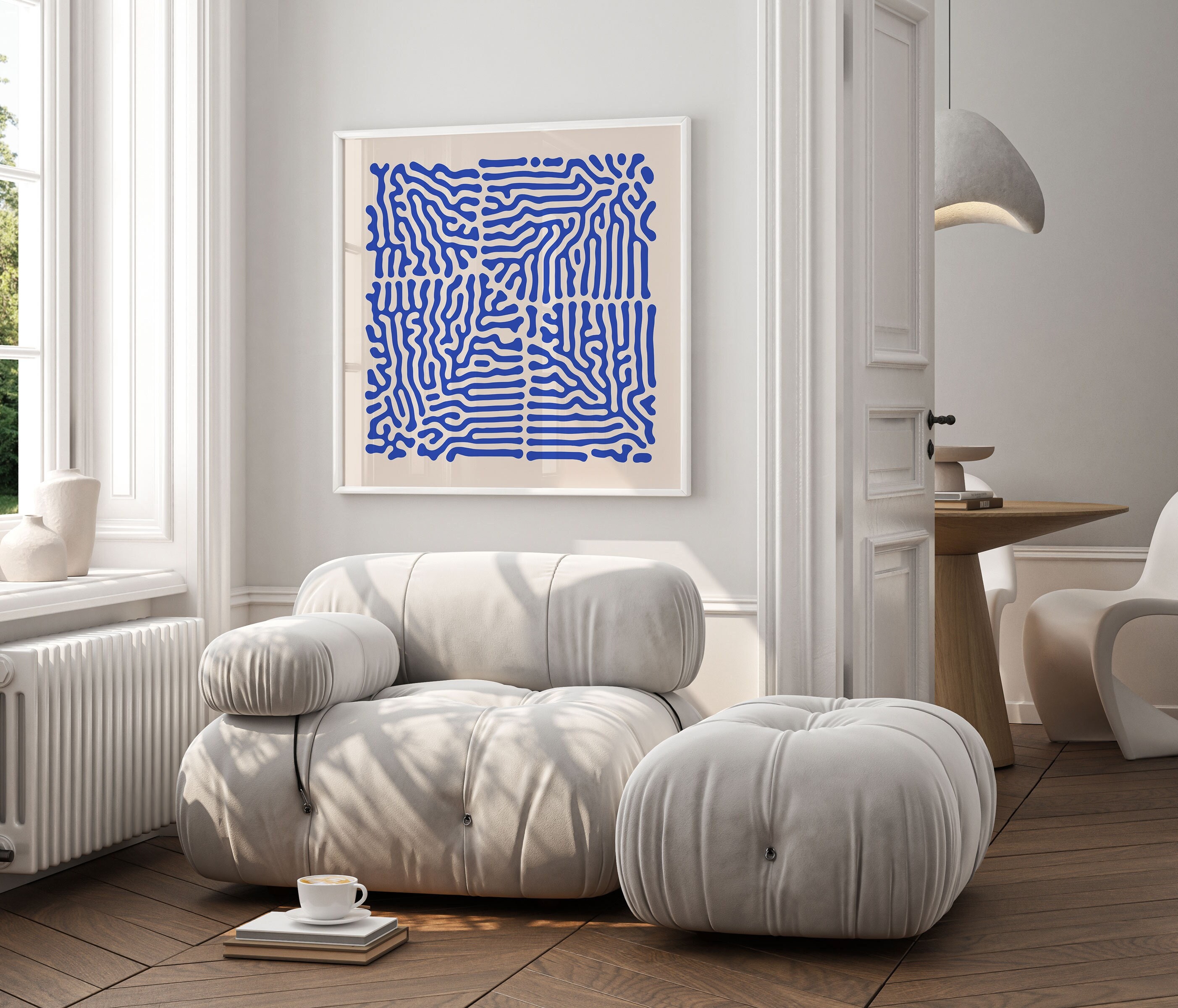 Blue and Beige Abstract Square Wall Art Print, Minimalist Modern Home ...