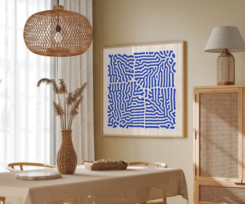 Blue and Beige Abstract Square Wall Art Print, Minimalist Modern Home ...