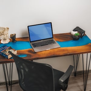 Epoxy Resin Walnut Custom Desk Top, Blue Epoxy Computer Table, Solid ...