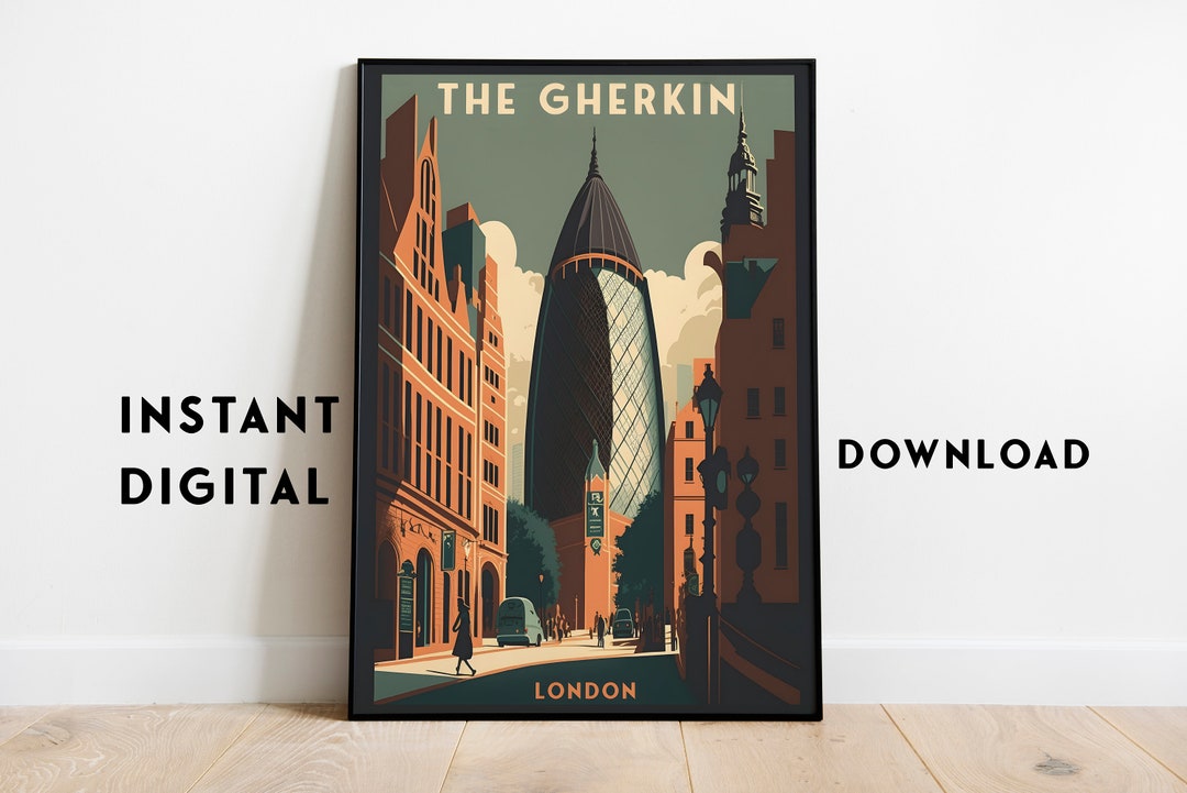 The Gherkin London UK Travel Poster | Vintage Wall Art | Instant ...
