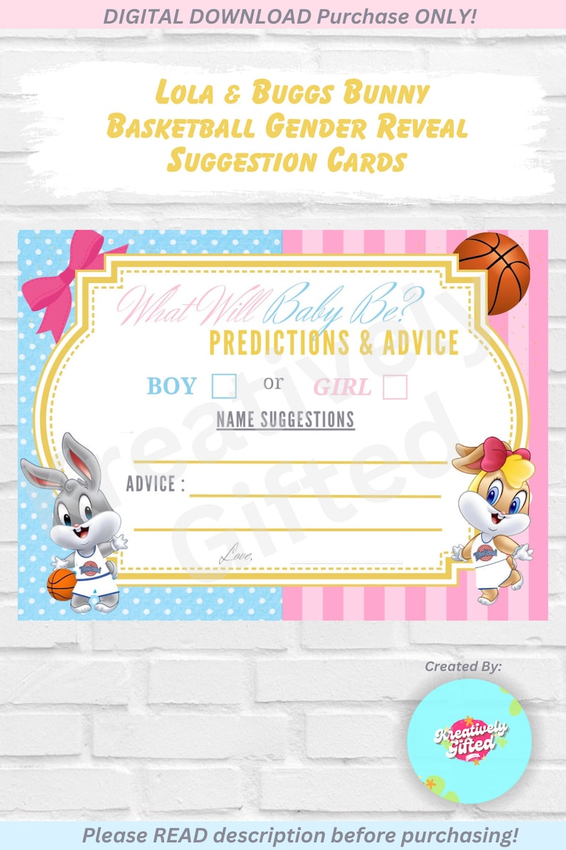 BABY Space Jam Gender Reveal Digital Suggestion Cards (lola and Buggs ...