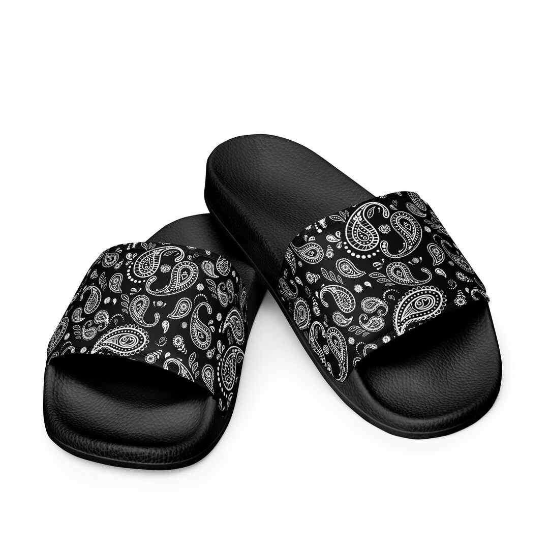 Men's Black Bandana Print Slides, Cushioned Faux Leather Slides, Summer ...