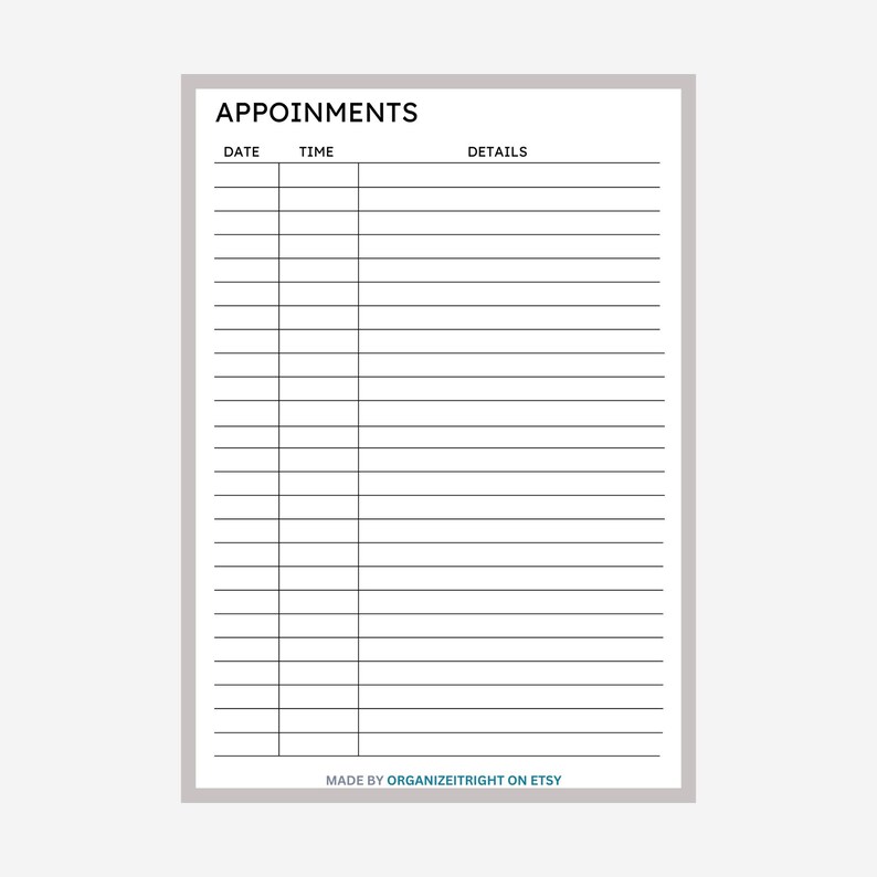 Simple Appointment Tracker Printable, Appointment Reminder, Meeting ...