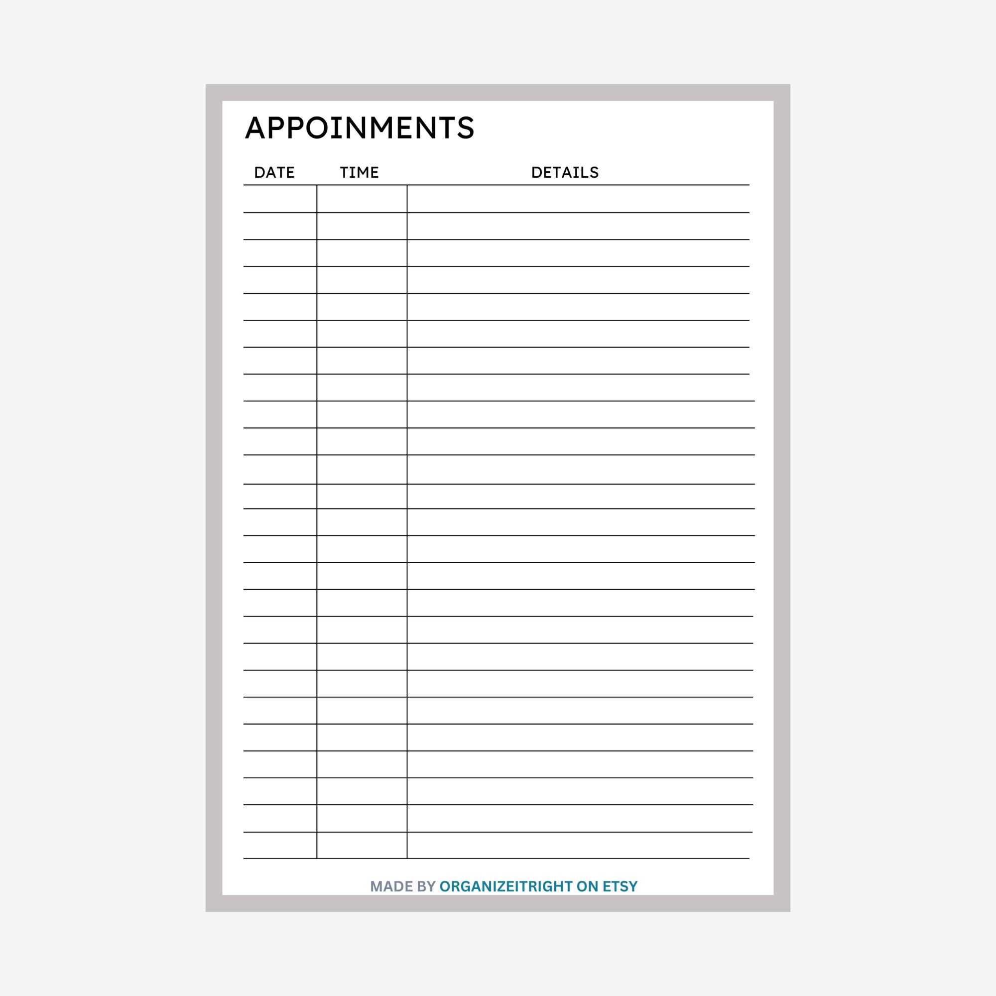 Simple Appointment Tracker Printable, Appointment Reminder, Meeting ...
