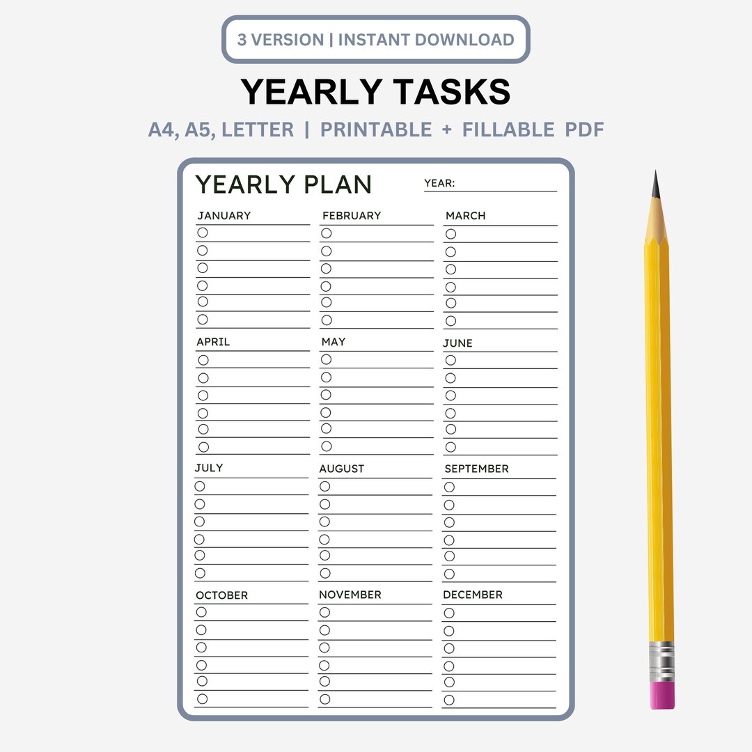 Yearly to Do List Printable Landscape, Yearly Task List, Minimalist ...