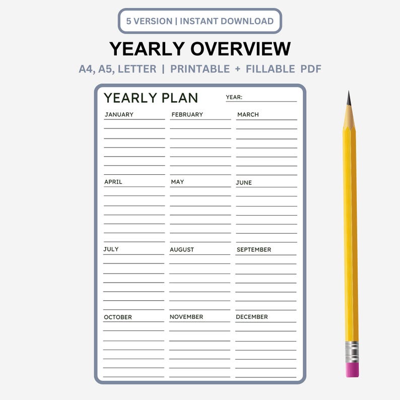 Yearly Overview Printable Landscape, Yearly Planner, Year at a Glance ...