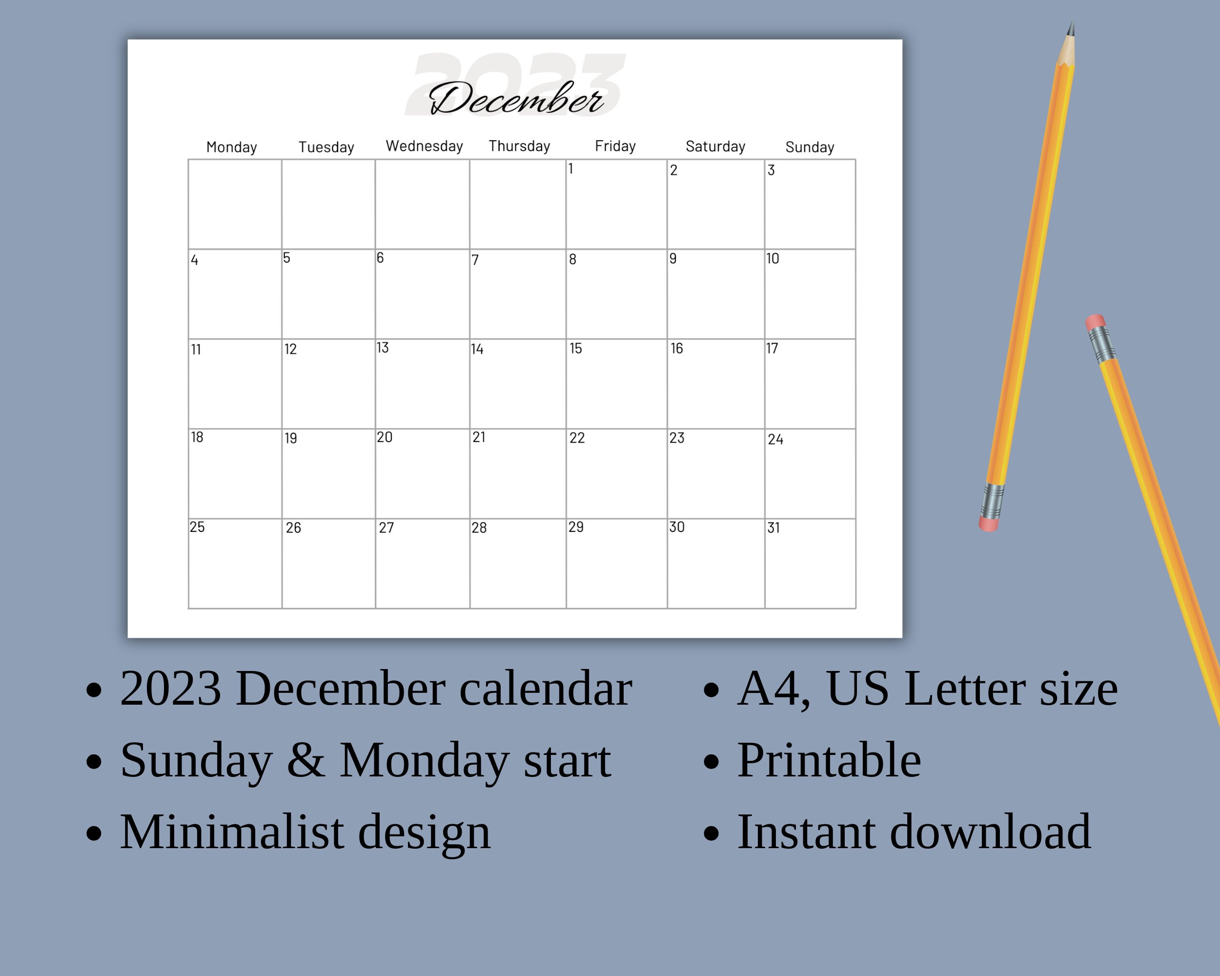 Minimalist December 2023 Calendar Printable, December 2023 Calendar ...