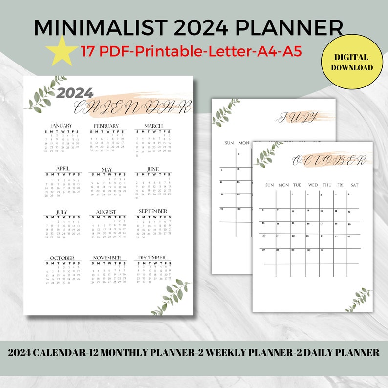 2024 Calendar Printable, 2024 Planner Bundle, Daily Planner, Weekly ...