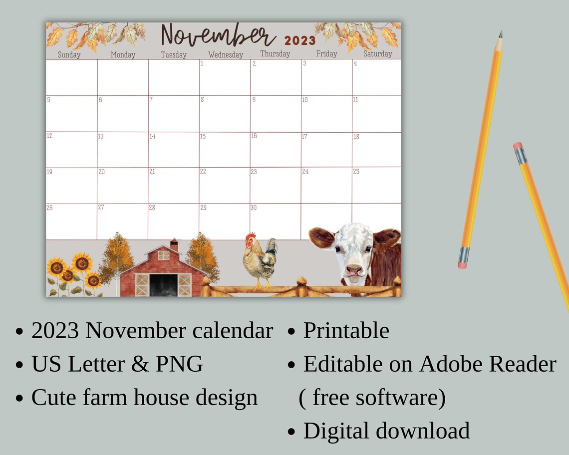 EDITABLE November 2023 Calendar Printable November 2023 - Etsy