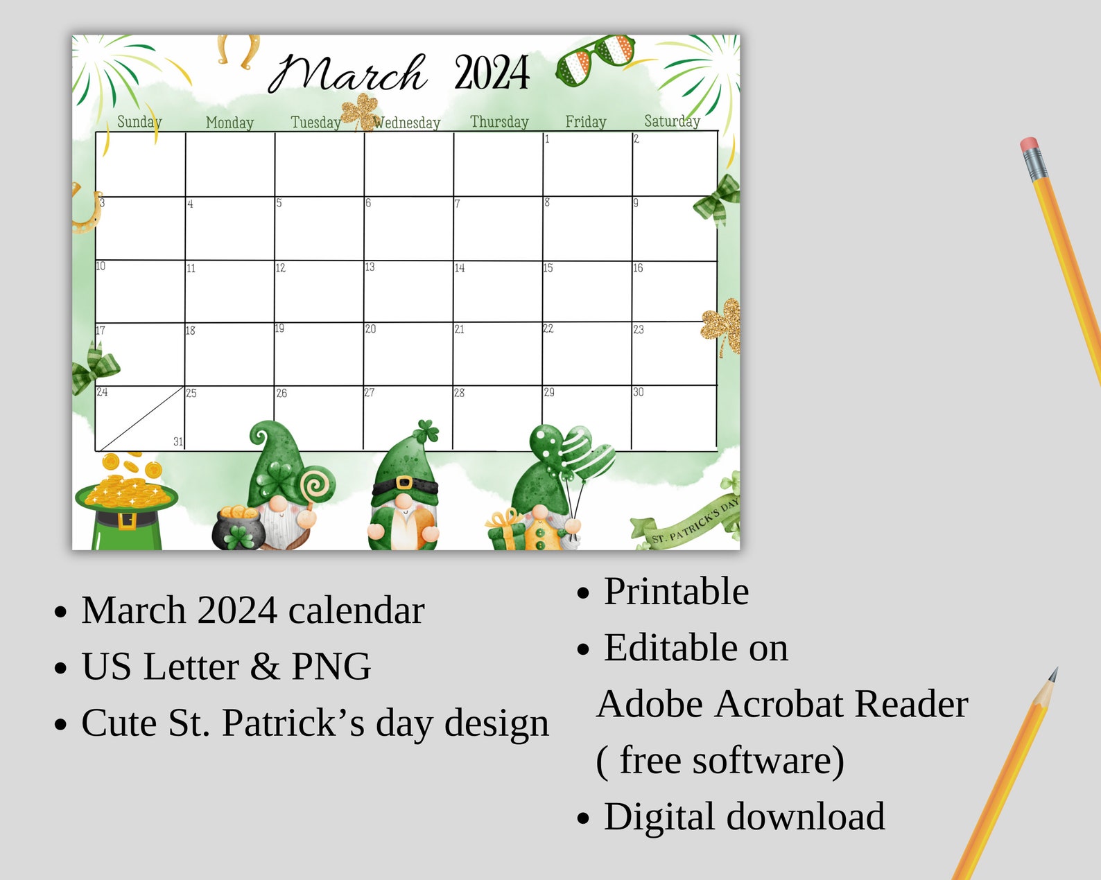 EDITABLE March 2024 Calendar Printable, 2024 March Planner, Happy Saint ...