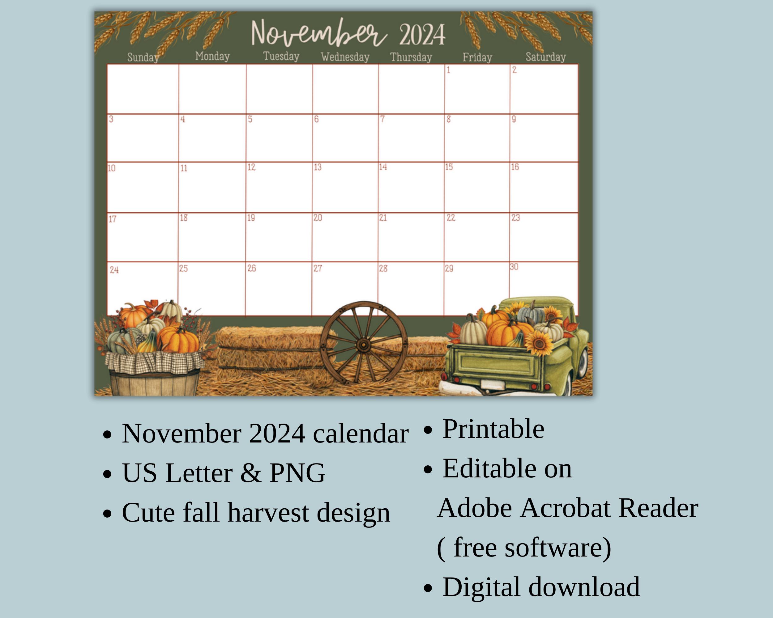 EDITABLE November 2024 Calendar Printable, Thanksgiving 2024, 2024 ...