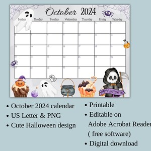 EDITABLE October 2024 Calendar Printable, Halloween 2024, 2024 October ...