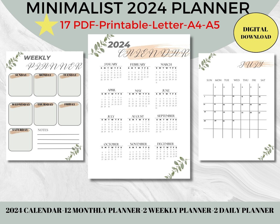 Minimalist Printable 2024 Calendar Daily Planner Weekly - Etsy