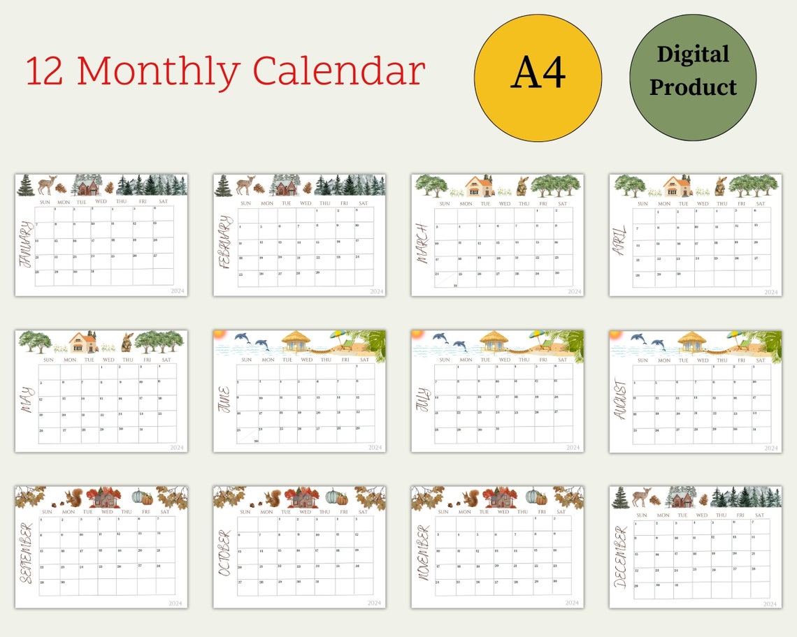 2024 Calendar Printable Landscape, 2024 Monthly Calendar Printable ...