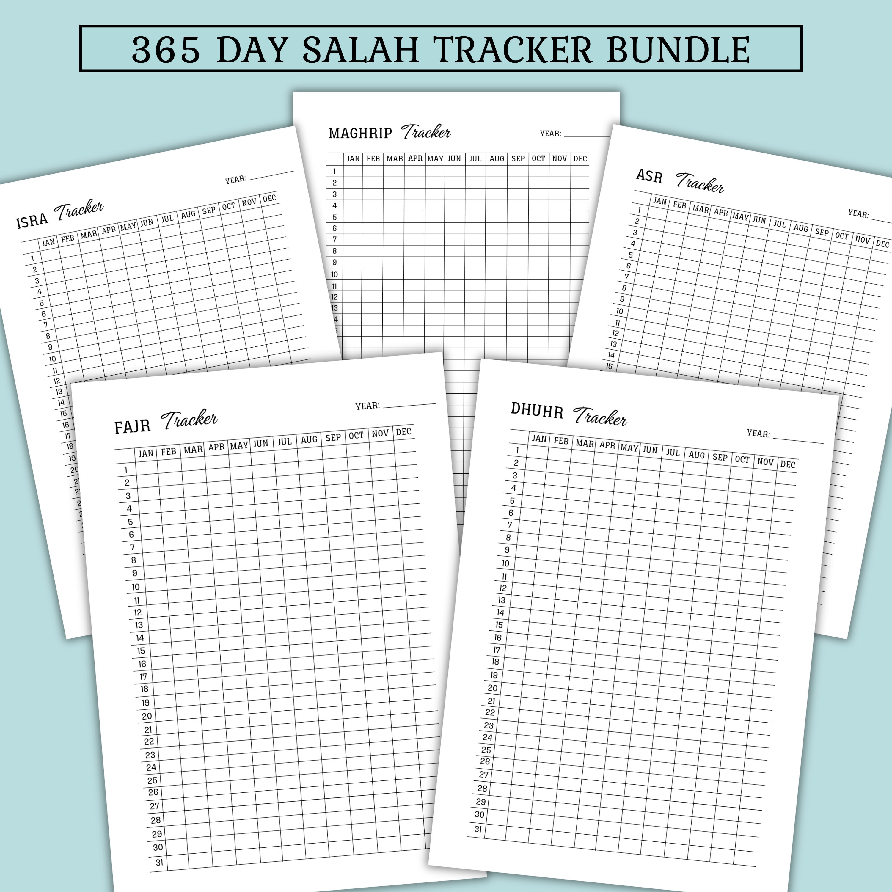 365 Day Salah Tracker Bundle, Blank Yearly Salah Planner, Muslim Salah ...