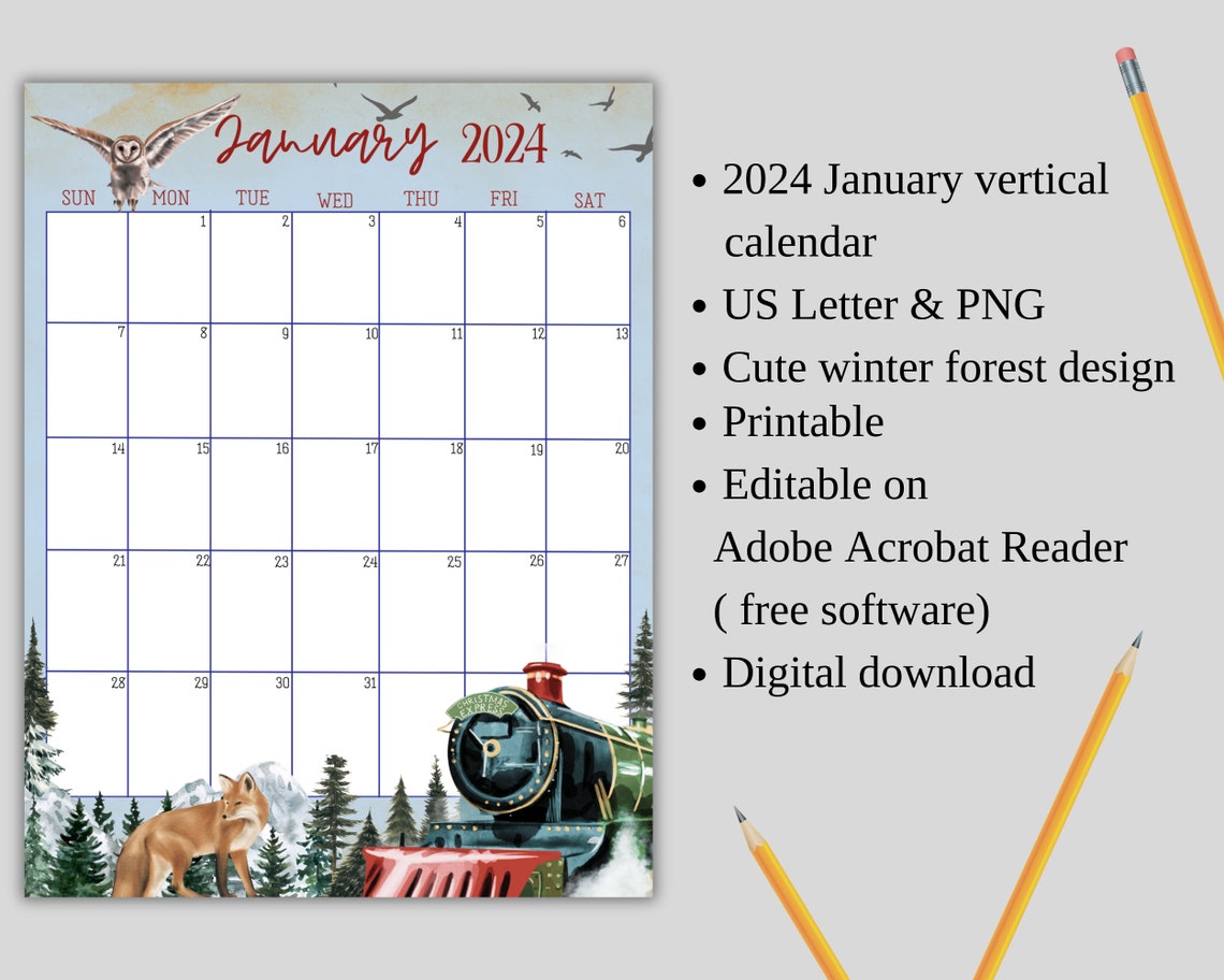 EDITABLE January 2024 Calendar vertical / Portrait, 2024 January ...