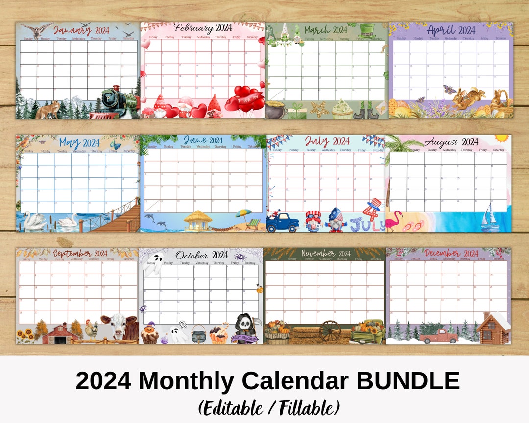 EDITABLE Monthly Calendar 2024 BUNDLE, Editable Printable Fillable ...