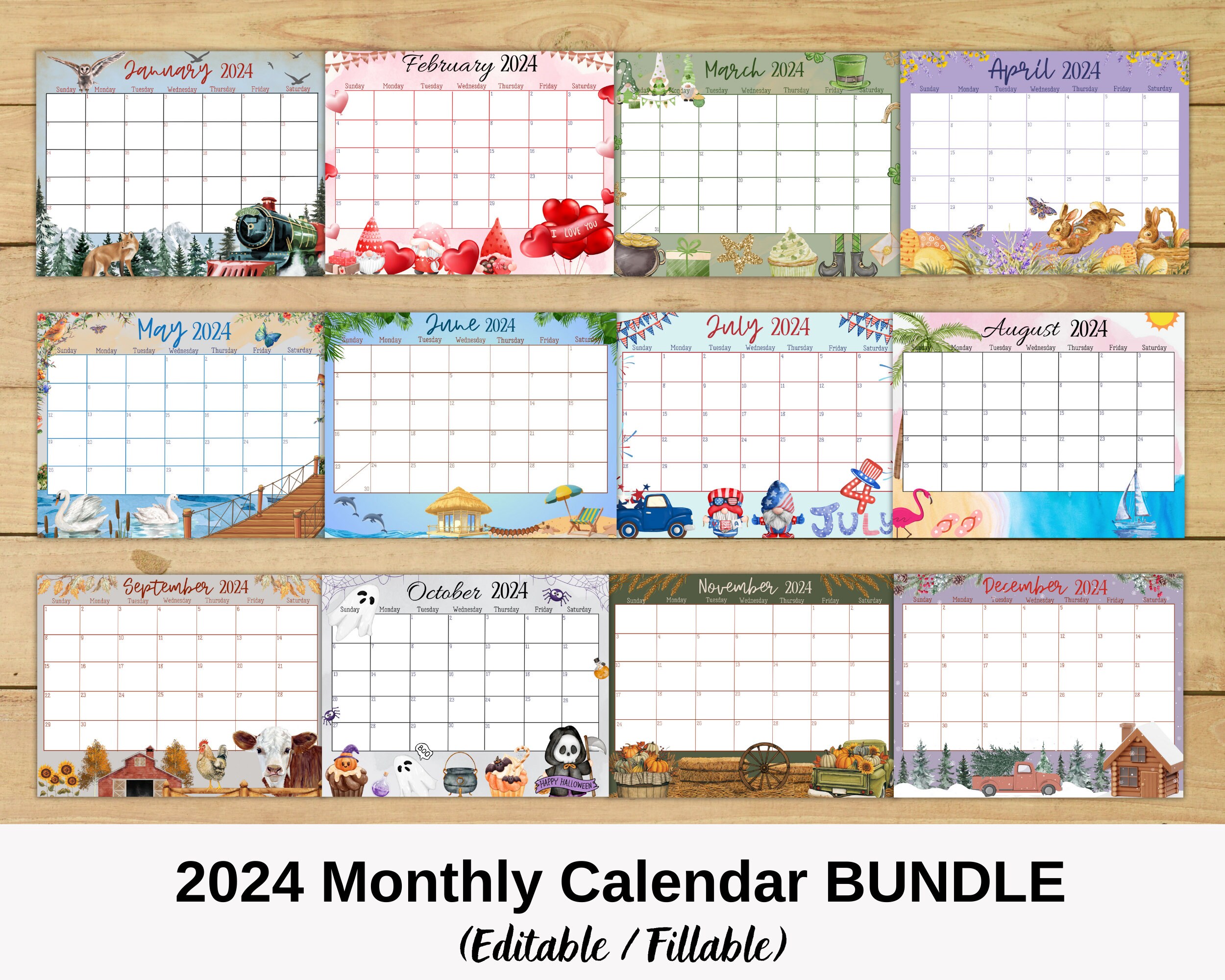 EDITABLE Monthly Calendar 2024 BUNDLE, Editable Printable Fillable ...