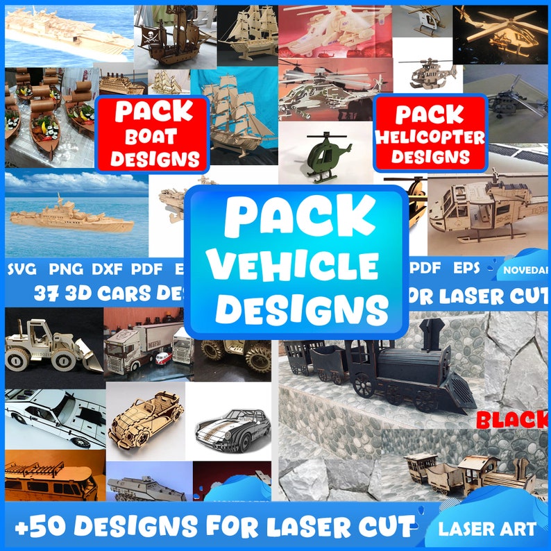 50 Vehicle Designs for Laser Cut, Cars, Boats, Airplanes, Helicopters ...