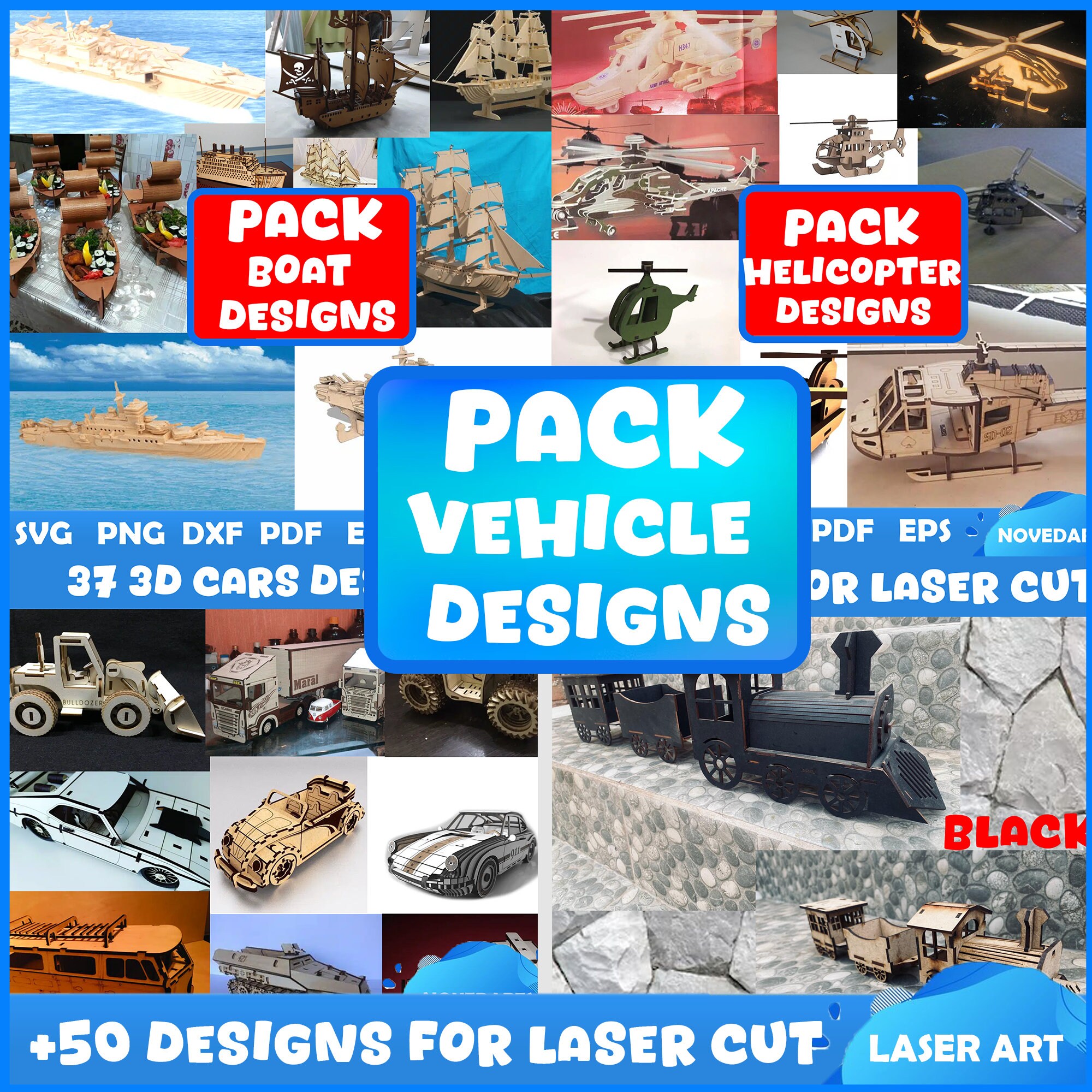 50 Vehicle Designs for Laser Cut, Cars, Boats, Airplanes, Helicopters ...