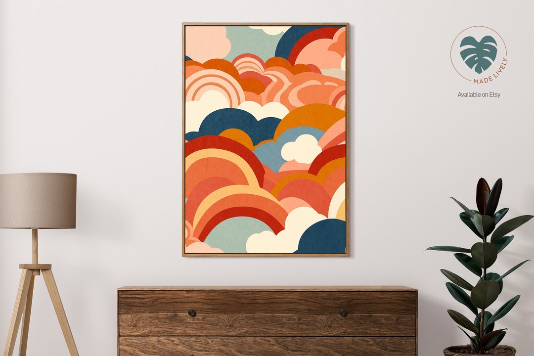 Retro Wall Print Rainbow Poster Cloud Wall Art Mid Century Wall Decor ...