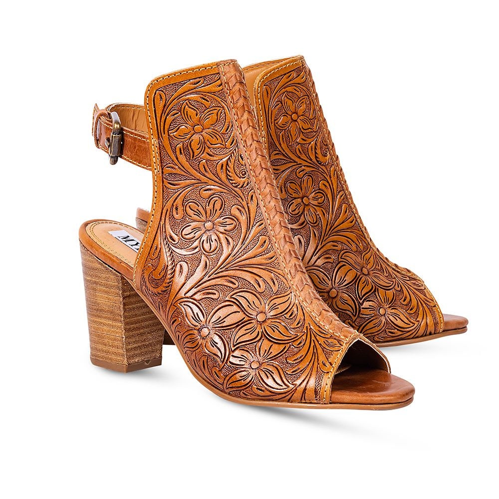 NEW Monika Hand Tooled Heel Sandal - Tacones De Piel Con Gravado a Mano ...