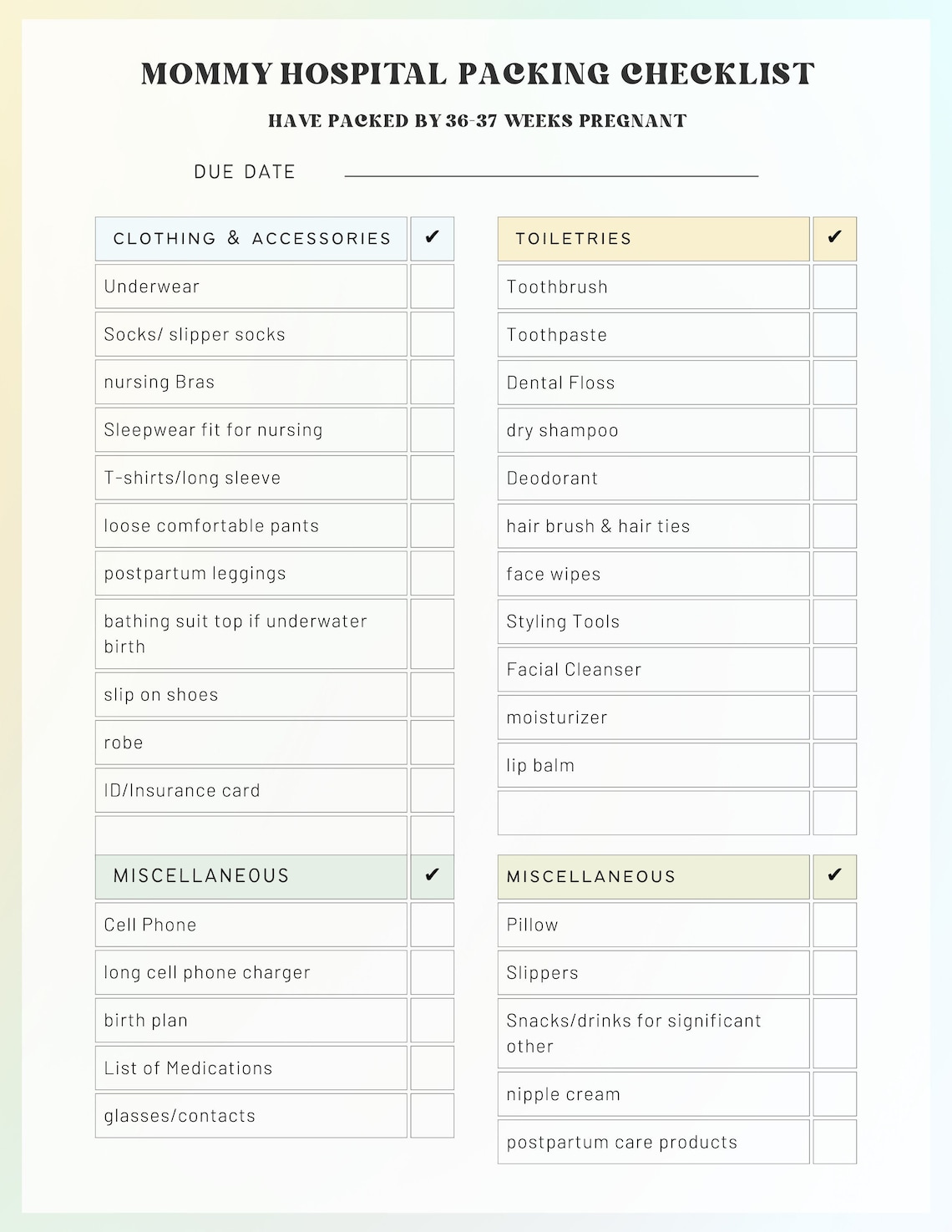 Mommy and Baby Packing Checklist for Hospital - Etsy