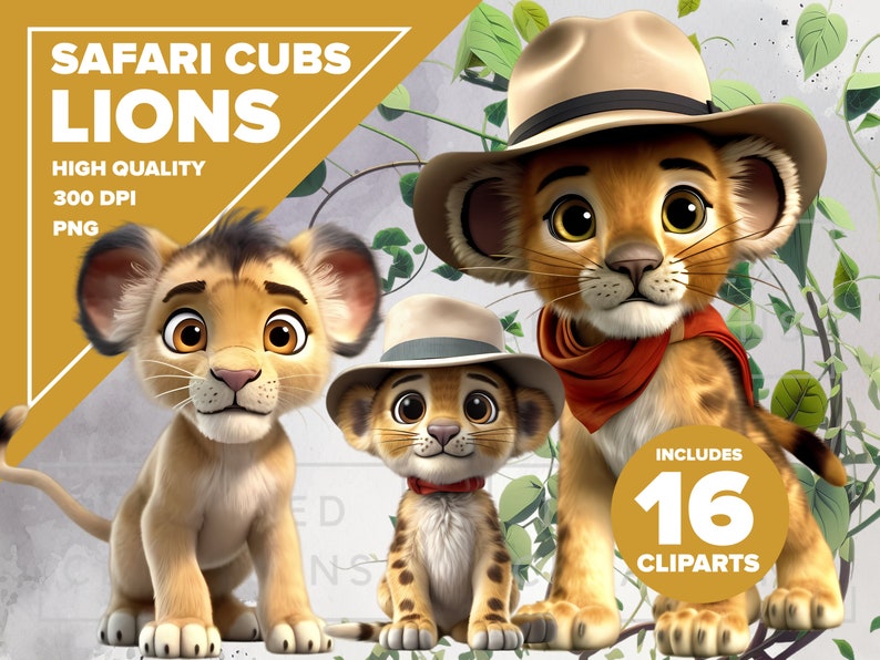 LION CUB SAFARI Clipart Png Bundle, Cute Animated Baby Safari Animals ...