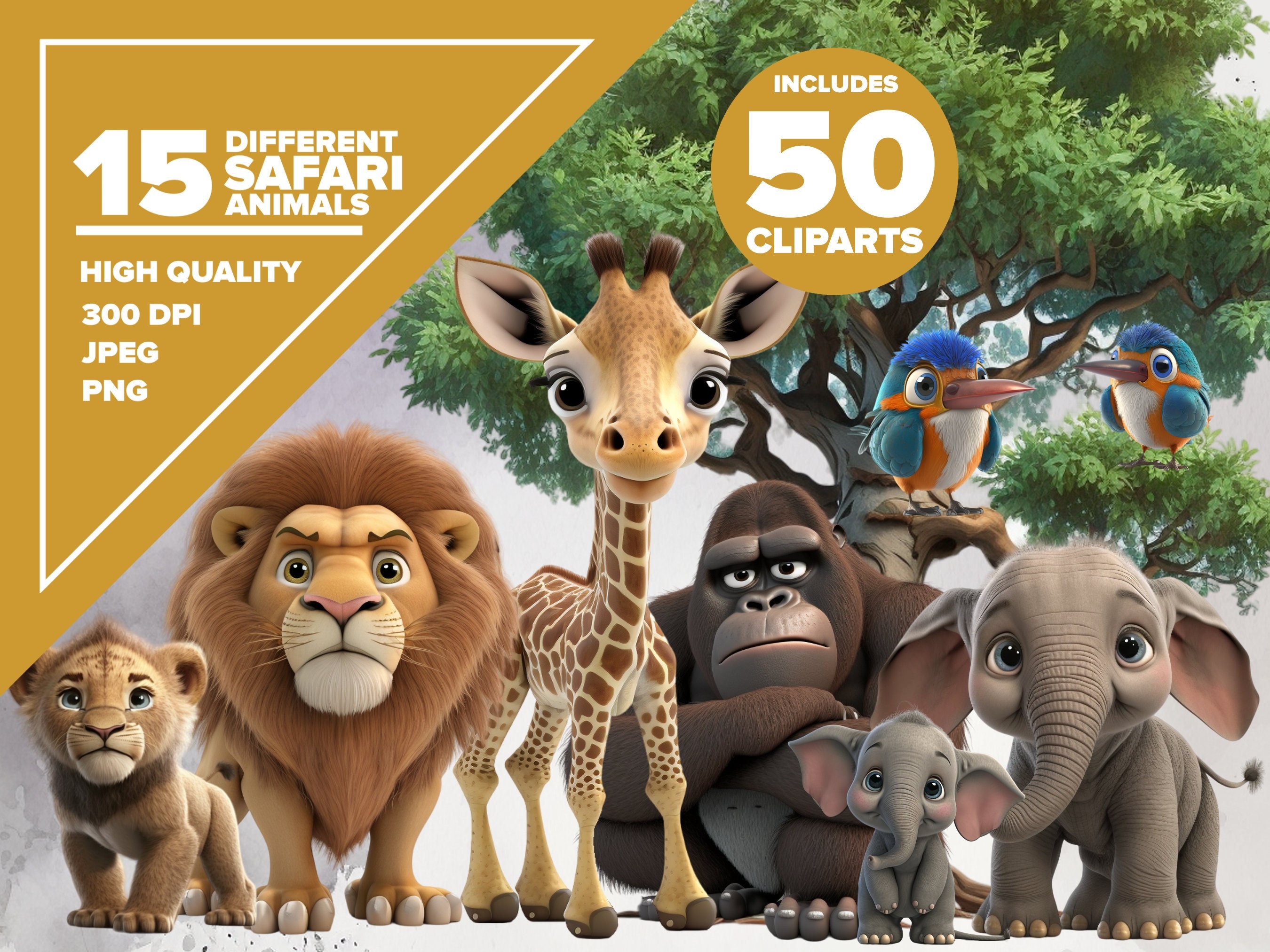 SAFARI ANIMAL CLIPART Png Bundle, Cute Animated Baby Safari Animals ...