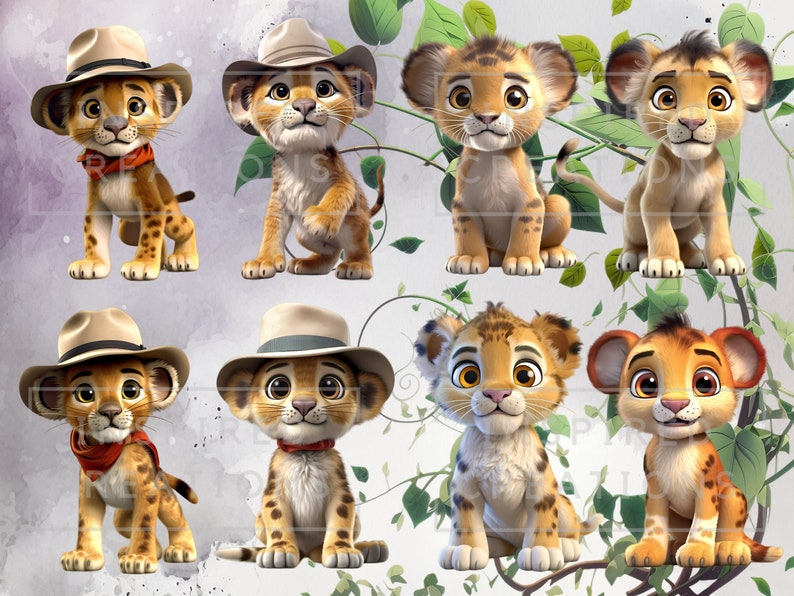 LION CUB SAFARI Clipart Png Bundle, Cute Animated Baby Safari Animals ...