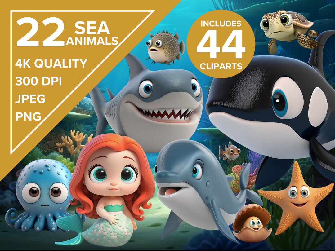 SEA OCEAN CLIPART Bundle, Cute Animated Aquarium Animals Clip Art, Sea ...