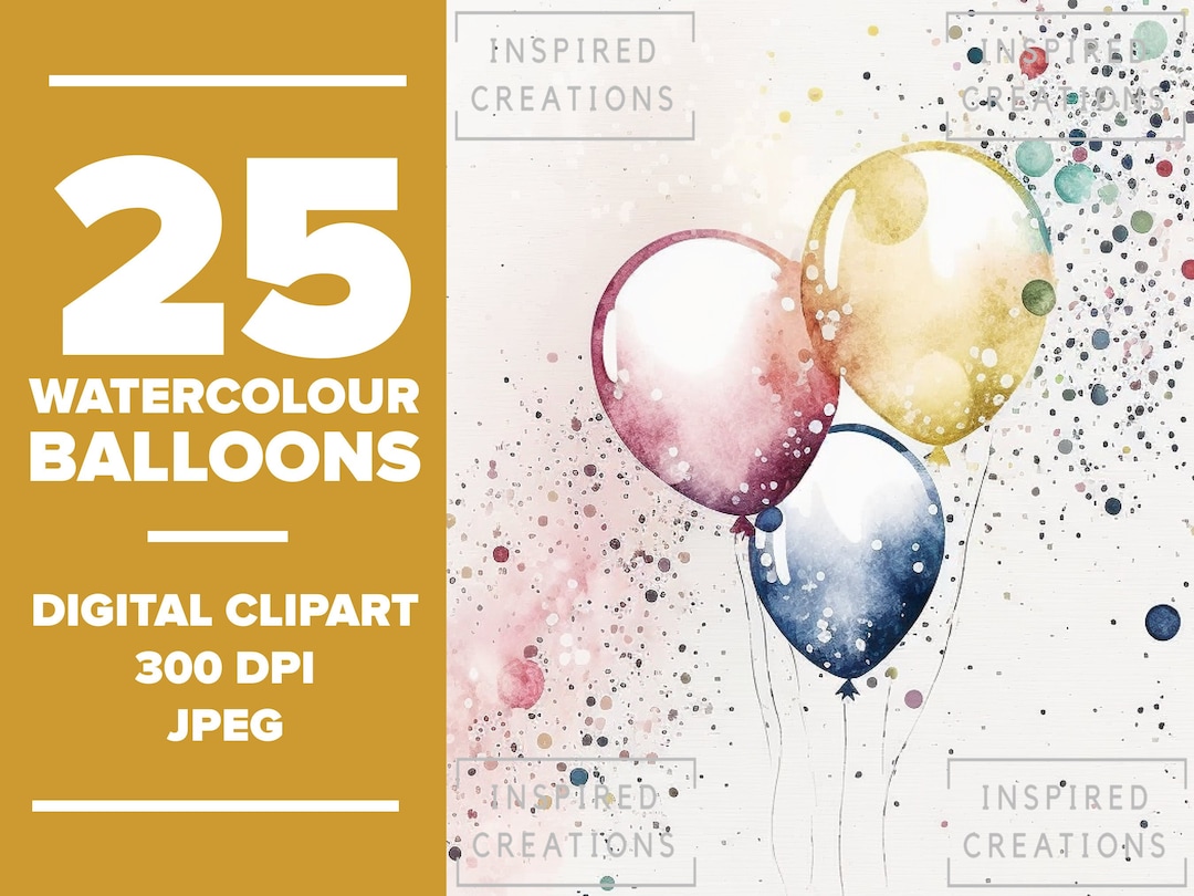 WATERCOLOR BIRTHDAY BALLOONS Set of 25 Digital Cliparts, Watercolour ...