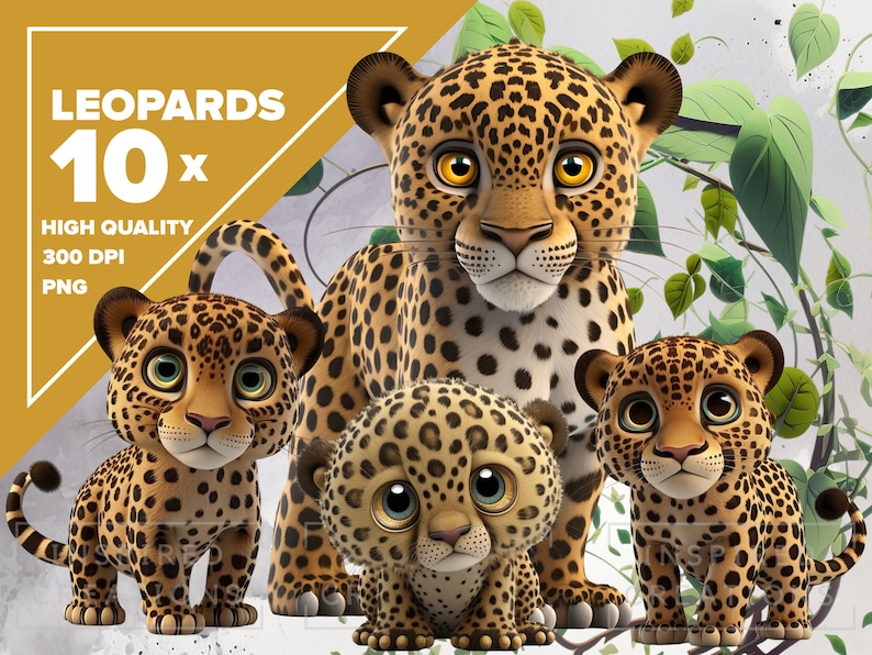 SAFARI LEOPARD CLIPART Set of 10 Cute Animated Baby Leopard Clip Art ...