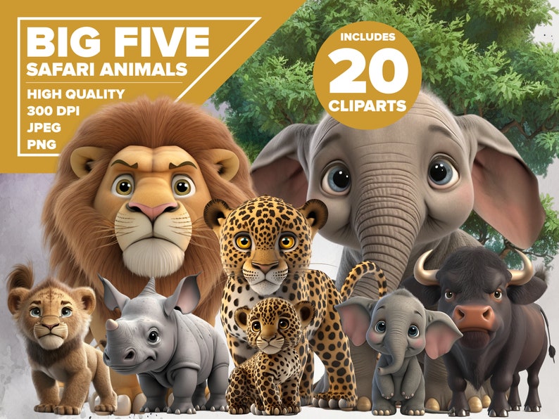 SAFARI ANIMAL CLIPART Big Five Png Jpg Bundle, Cute Animated Baby ...