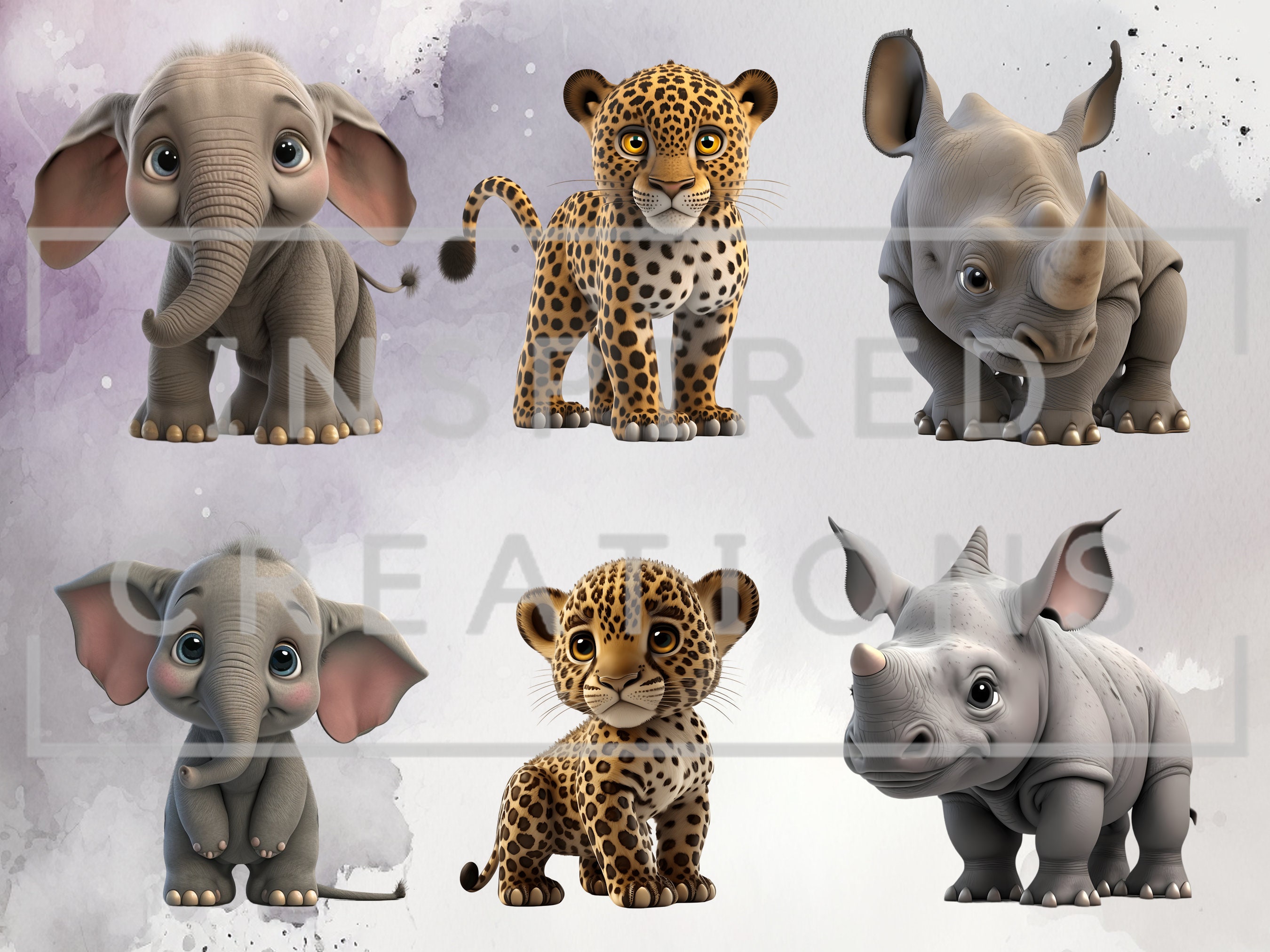 SAFARI ANIMAL CLIPART Big Five Png Jpg Bundle, Cute Animated Baby ...