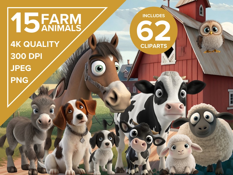 FARM ANIMAL CLIPART Png Bundle, Cute Animated Baby Farm Animals Clip ...