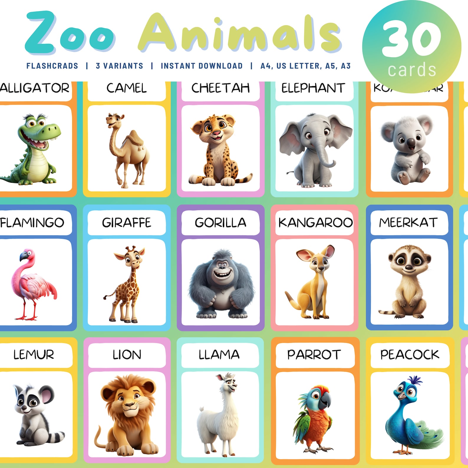 Printable Zoo Animals Flashcards, 30 Montessori Cards, Animals Flash ...