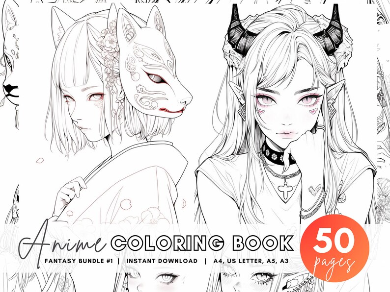 Fantasy Anime Girls Coloring Book Bundle 1, 50 Anime Coloring Pages ...