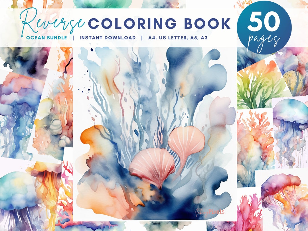 Ocean Reverse Coloring Book Bundle, 50 Tropical Coloring Pages Adult ...