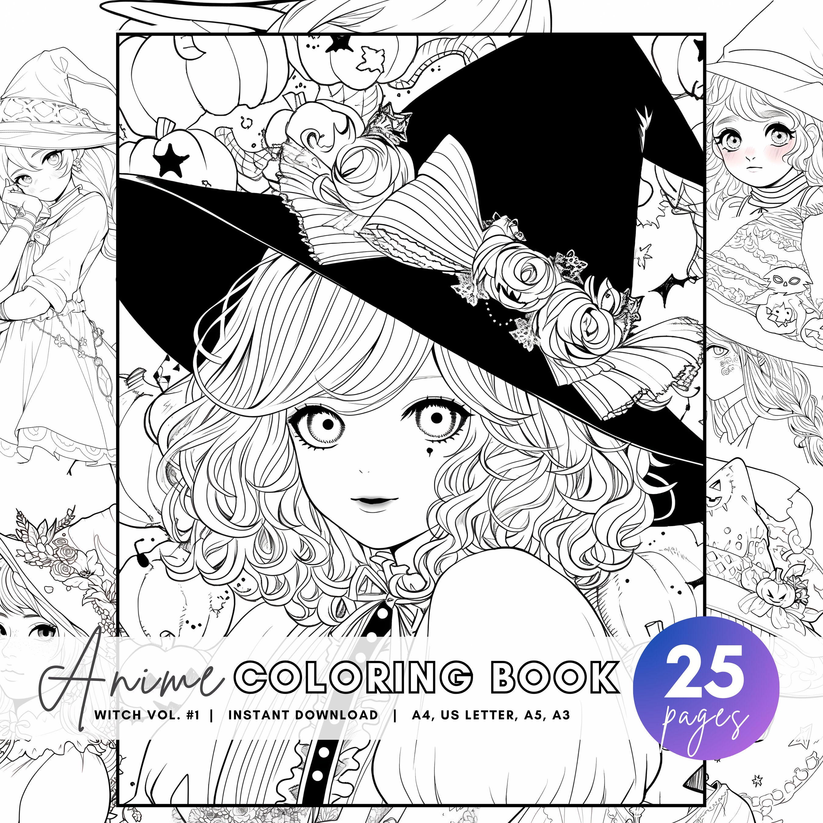 Witch Anime Girls Coloring Book Vol 1, 26 Anime Coloring Pages Anime ...