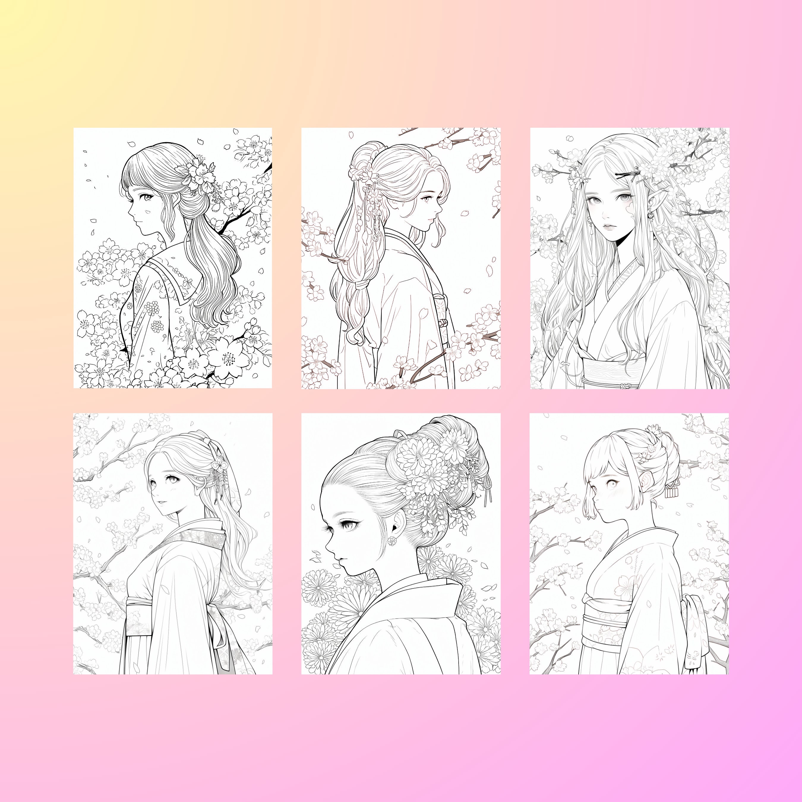 Kimono Girls Anime Coloring Book Vol 2, 32 Anime Coloring Pages Adult ...