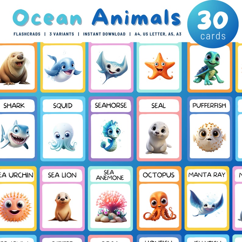 Printable Ocean Animals Flashcards, 30 Montessori Cards Animals Flash ...