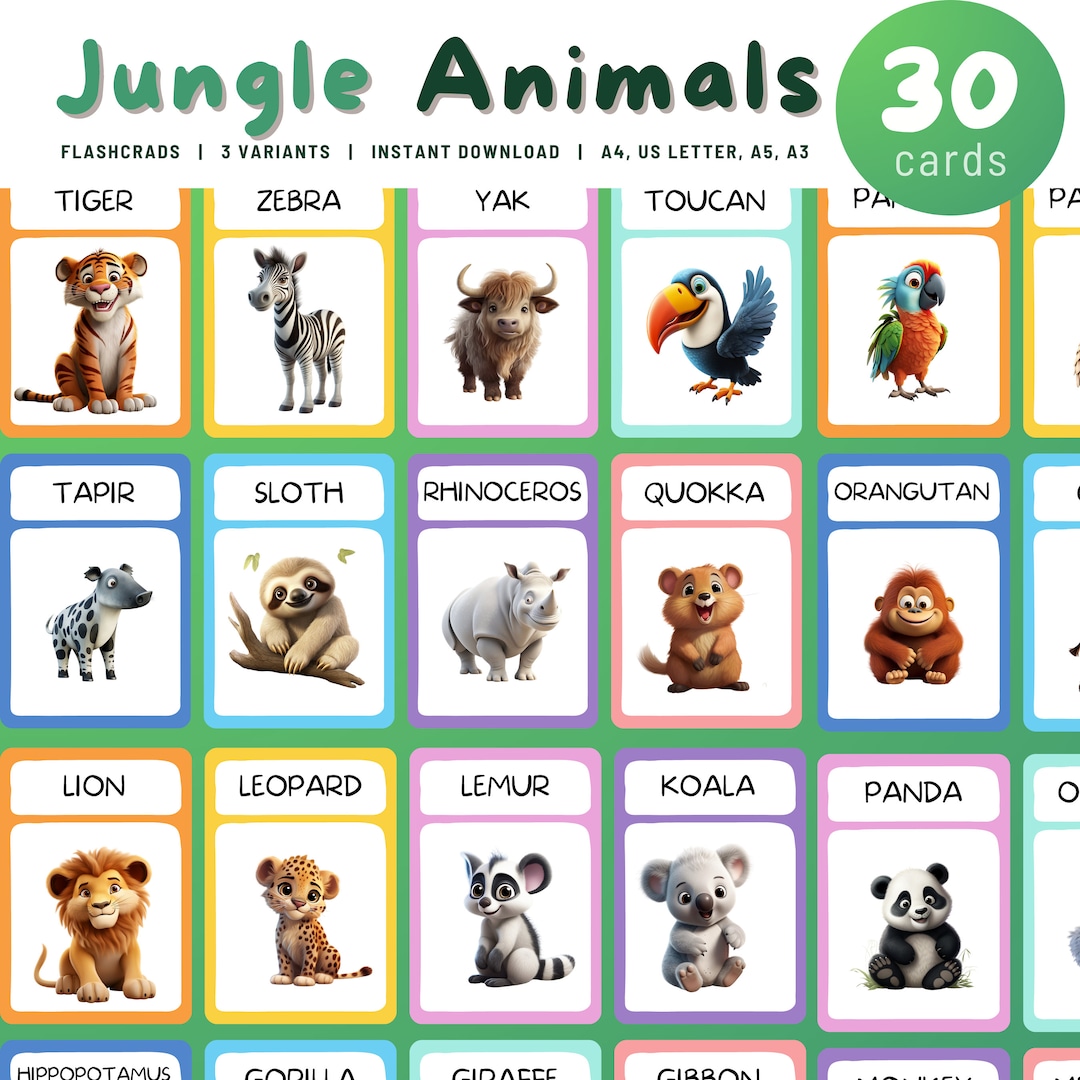 Printable Jungle Animals Flashcards, 30 Montessori Cards Animals Flash ...