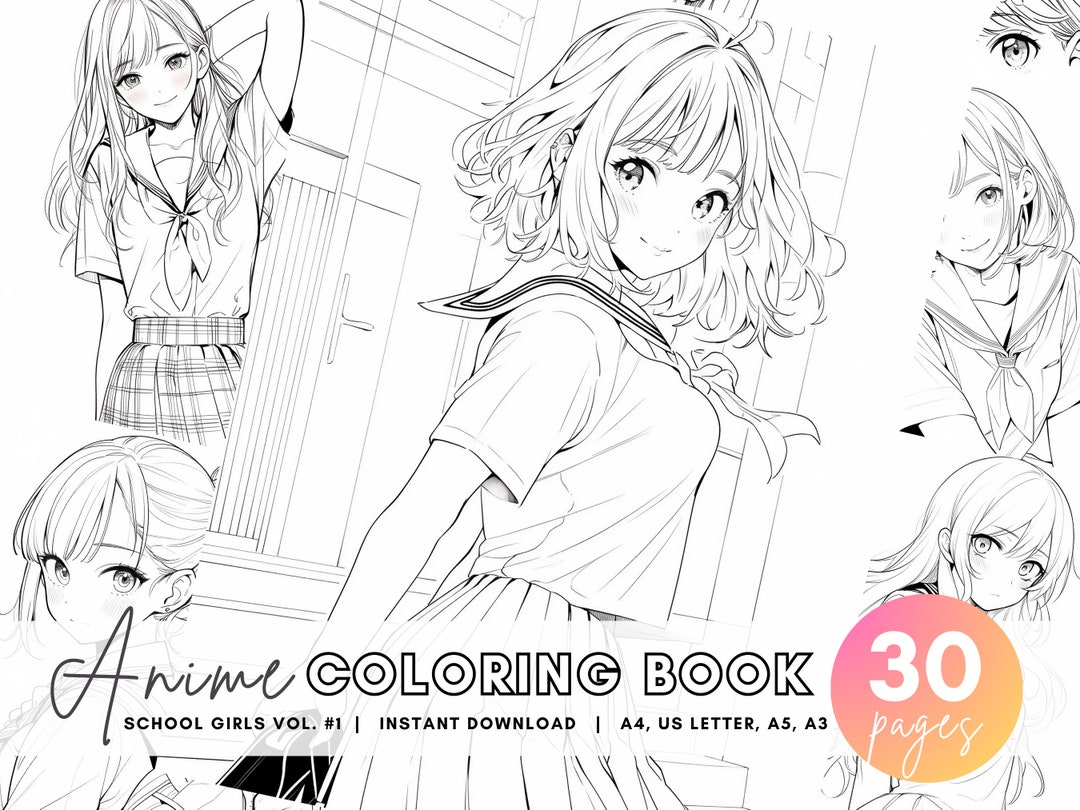 School Anime Girls Coloring Book Vol #1, 30 Anime Coloring Pages ...