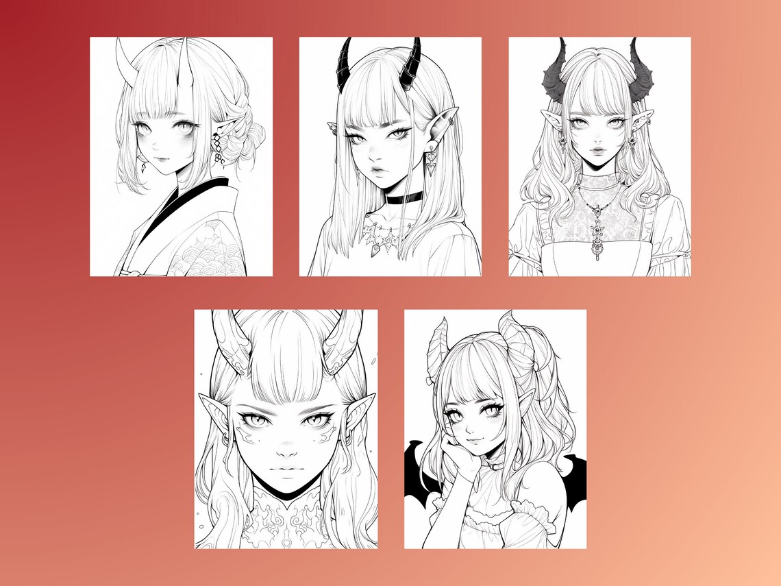 Fantasy Anime Girls Coloring Book Bundle 1, 50 Anime Coloring Pages ...