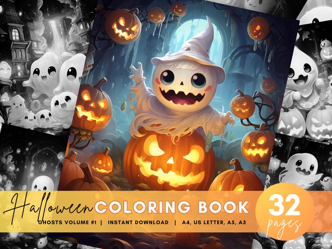 Grayscale Halloween Ghost Coloring Book Bundle, 32 Ghost Coloring Pages ...