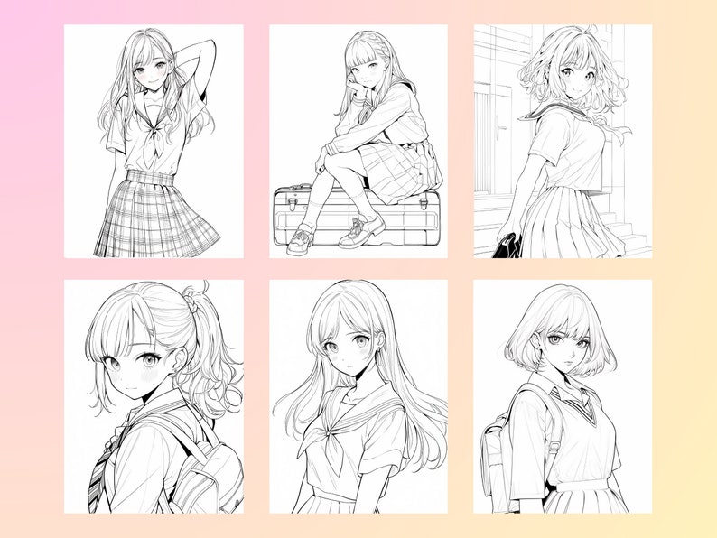 School Anime Girls Coloring Book Vol #1, 30 Anime Coloring Pages ...