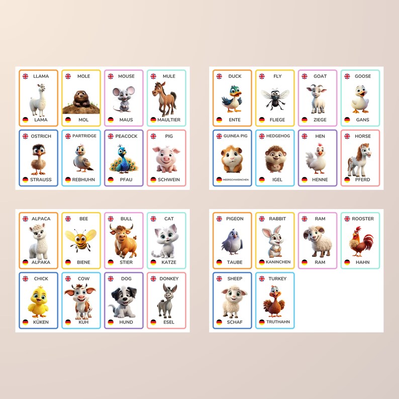 Printable Farm Animals German-english Flashcards, 30 Bilingual ...