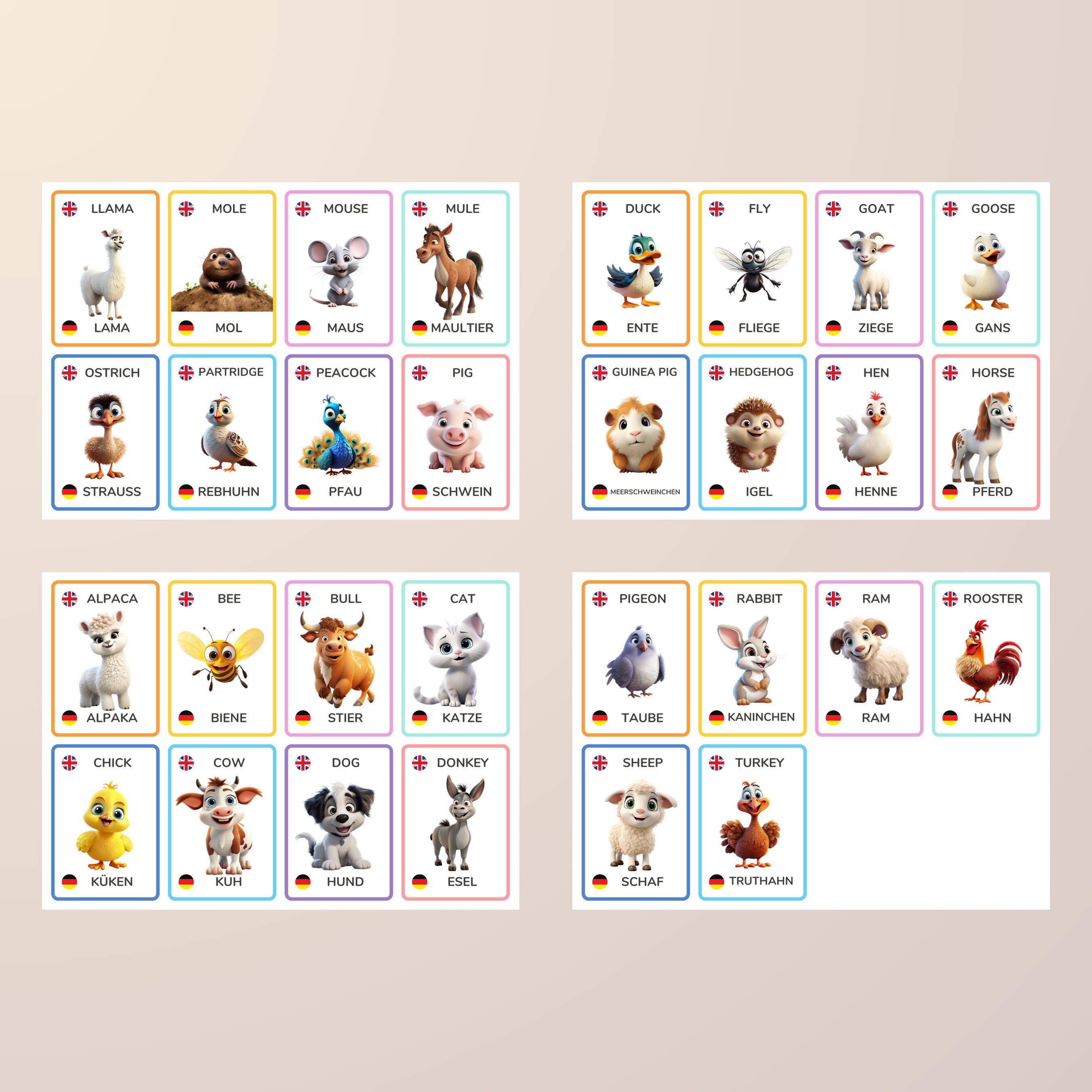 Printable Farm Animals German-english Flashcards, 30 Bilingual ...